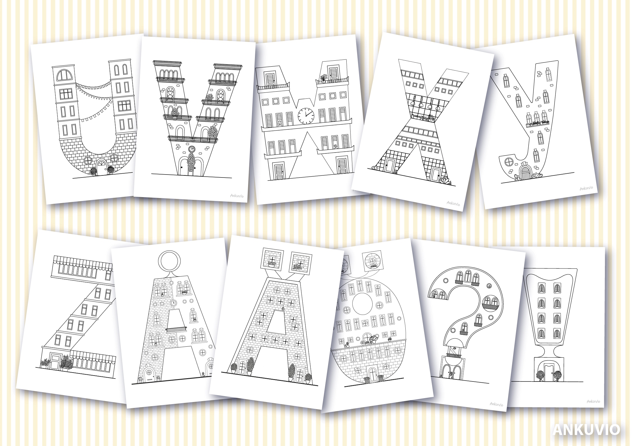 Värityskuvat: kirjaimet ja numerot – talot - ANKUVIO